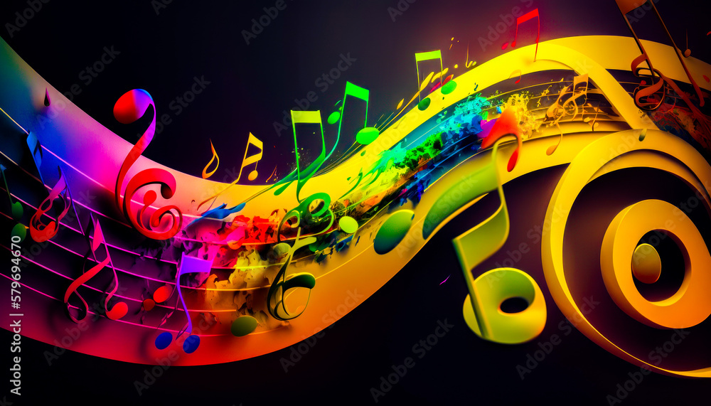 Musical notes and music notes on black background. Generative AI. Stock ...