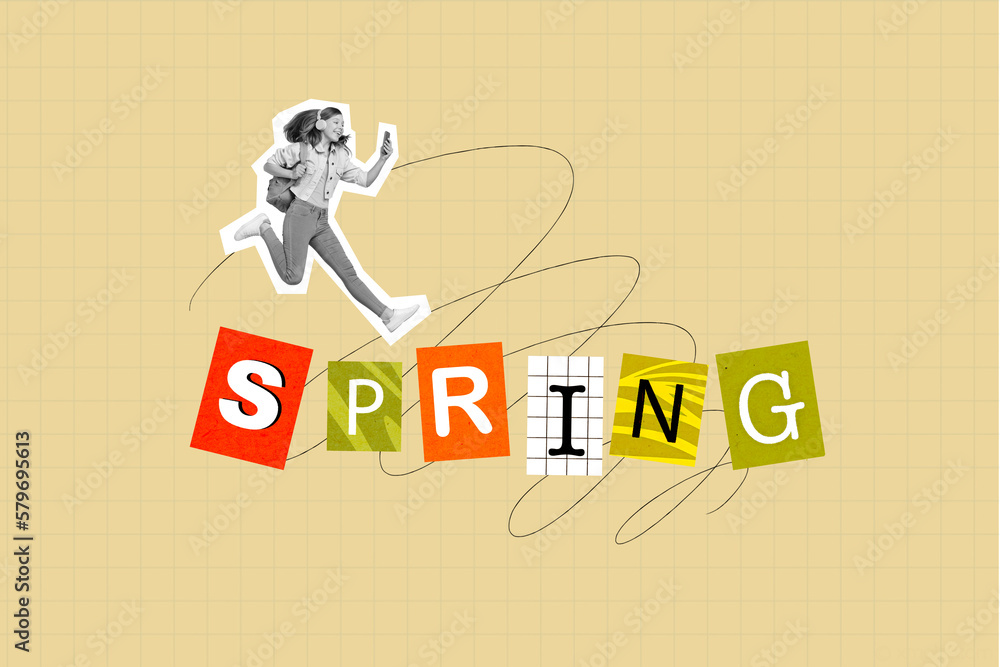 Artwork collage picture with big spring word on checkered notepad ...