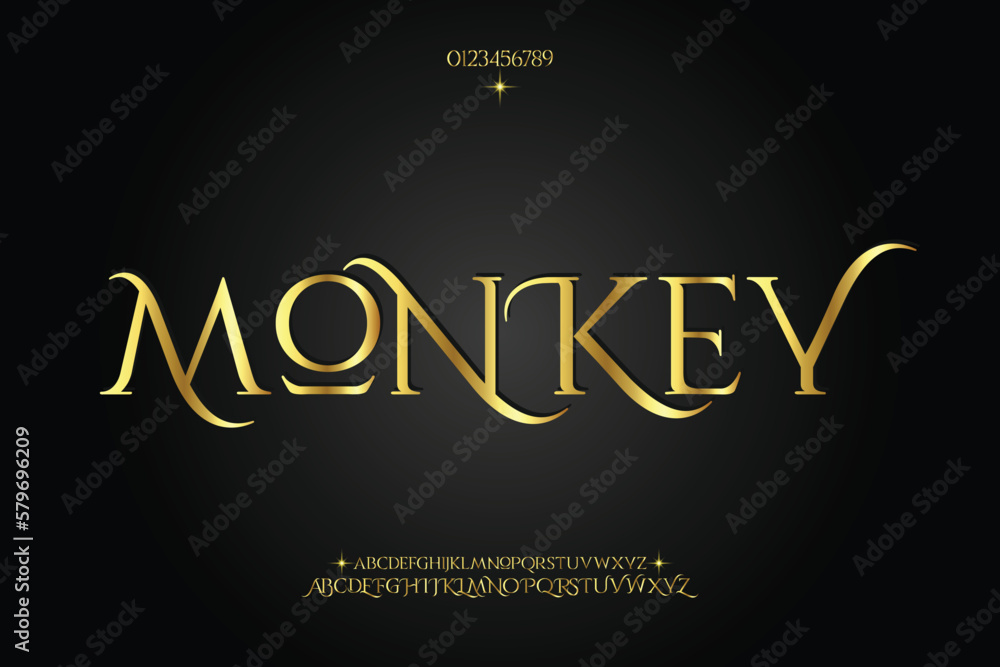 Monkey elegant golden alphabet letters font set. Classic Custom gold ...