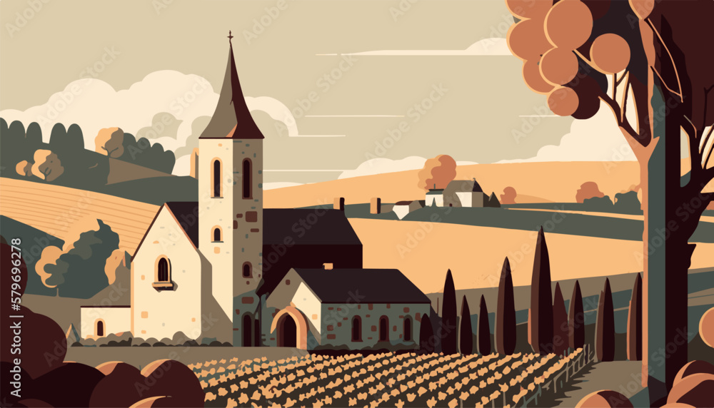 Vineyard in burgundy france. Wine tasting. Famous grapes, vector art ...