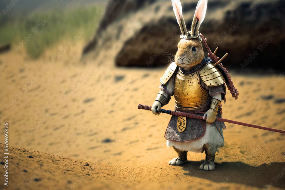 Rabbit samurai in traditional drawing style. Japanese styled art with ...