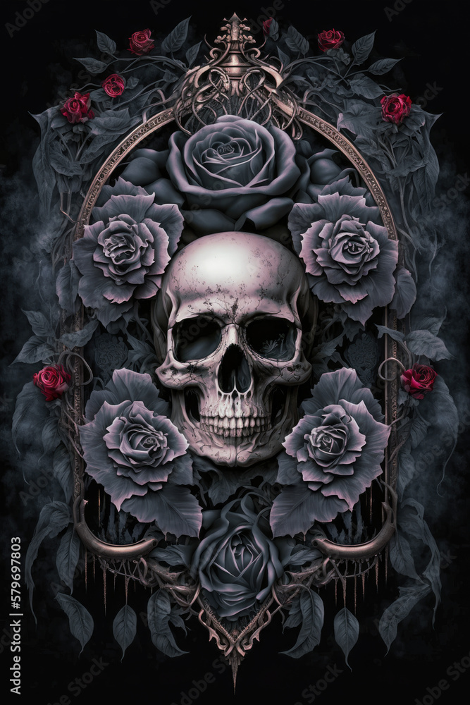 Gothic Skull with Black Roses Dark and Moody Artwork Skull PNG | AI ...