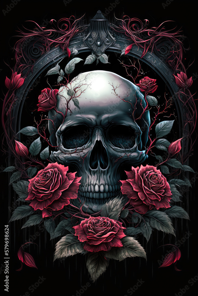 Gothic Skull with Black Roses Dark and Moody Artwork Skull PNG | AI ...