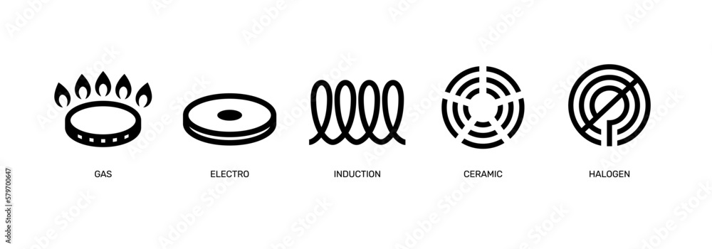Simple icon set electro, gas, induction, ceramic and halogen cooking ...