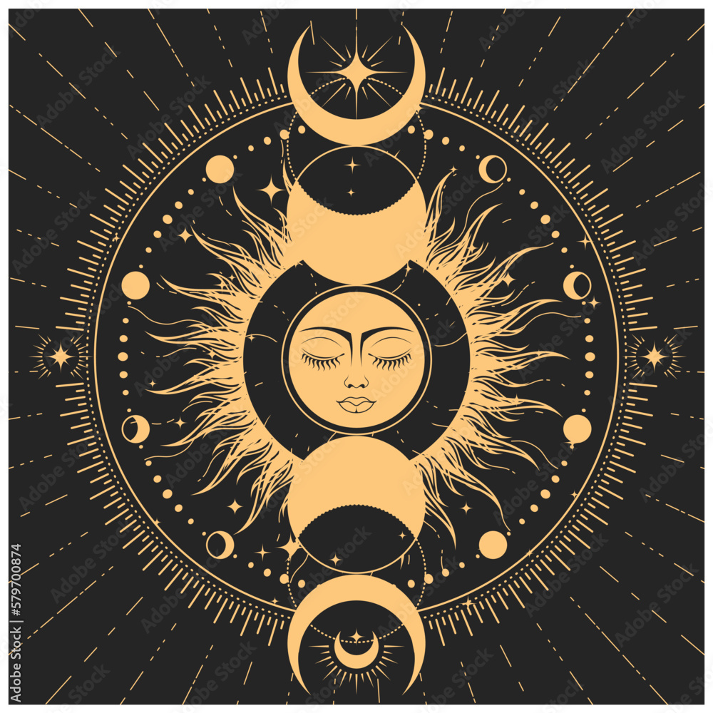 Lunar phase and mystic dreaming sun with closed eyes, astrology symbol ...