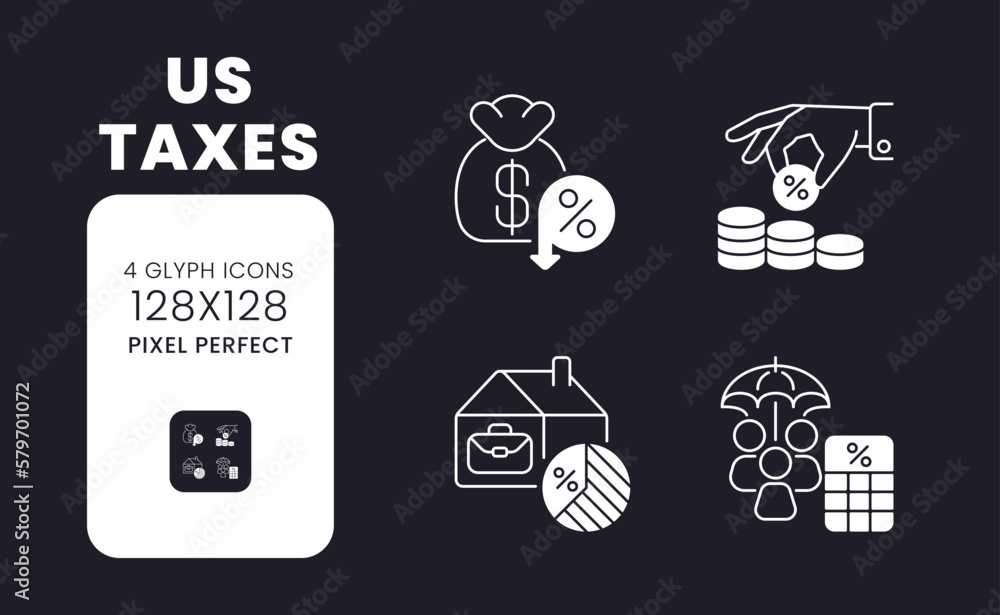 US taxes white solid desktop icons set. Deductions and exemptions ...
