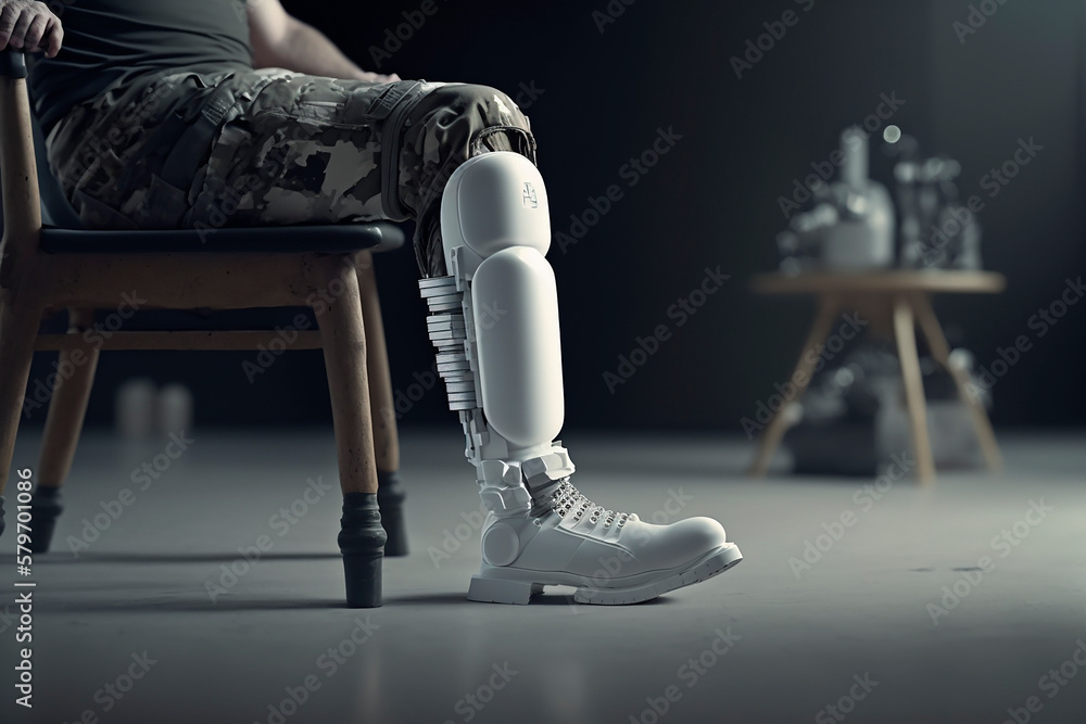 A man in military uniform with a prosthetic leg sits on a chair, modern ...