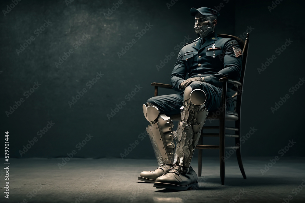 A man in military uniform with a prosthetic leg sits on a chair, modern ...
