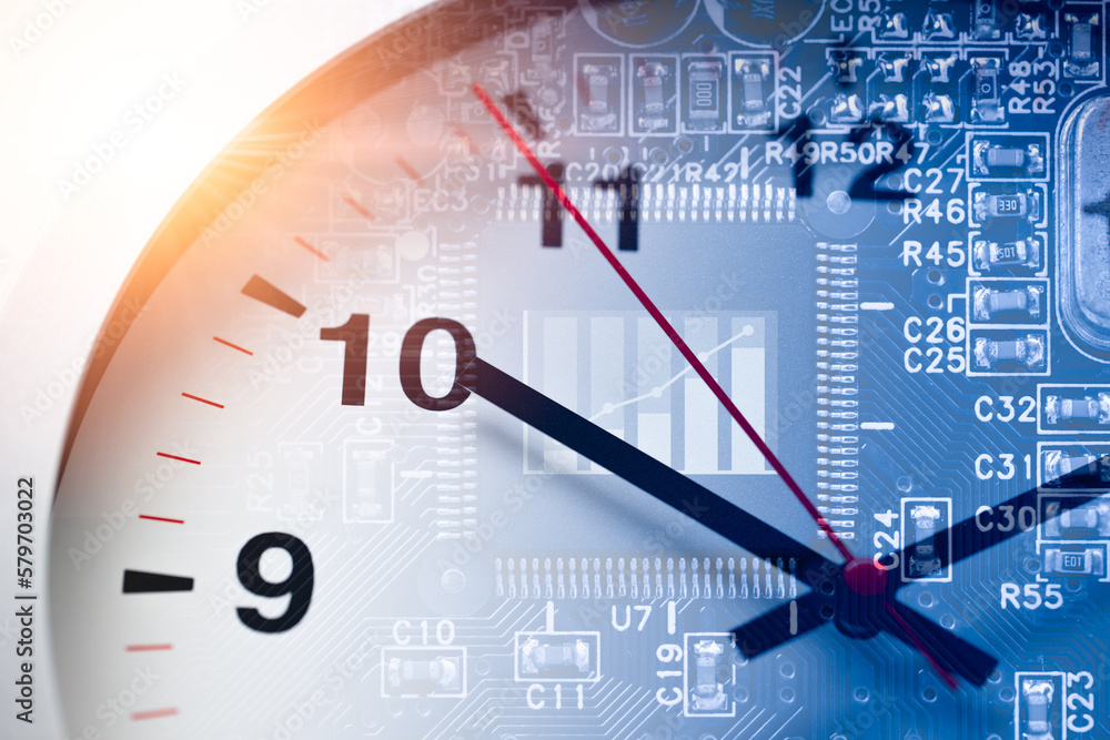 Computer digital chips overlay time clock. Digital circuit board ...