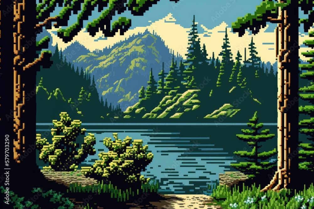 Retroactive nature shot in a style of 1990s point and click 16bit game ...