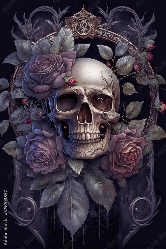Gothic Skull with Black Roses Dark and Moody Artwork Skull PNG | AI ...