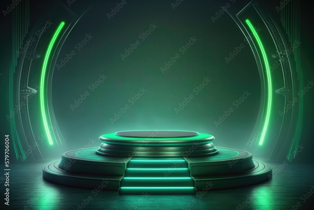green futuristic empty podium stage with Smoke and neon light ...