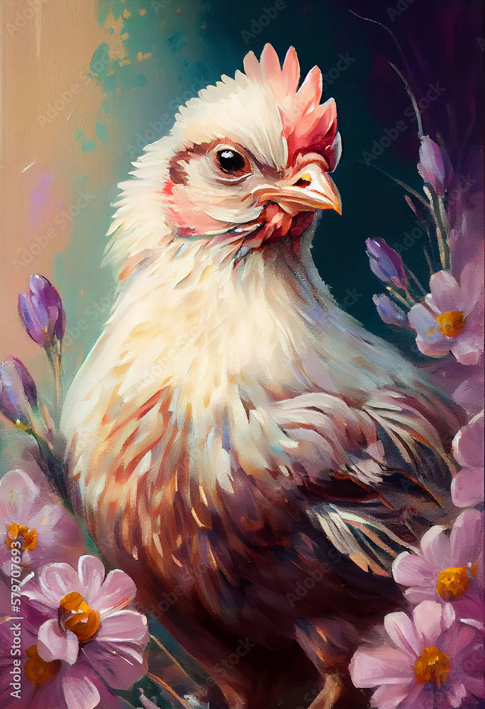 A charming portrait of a chicken with a dynamic pose is depicted in ...