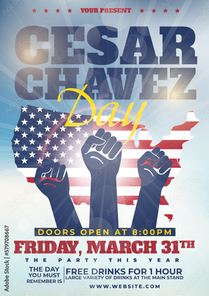 Cesar Chavez Day Poster in blue colors with map and national symbols ...
