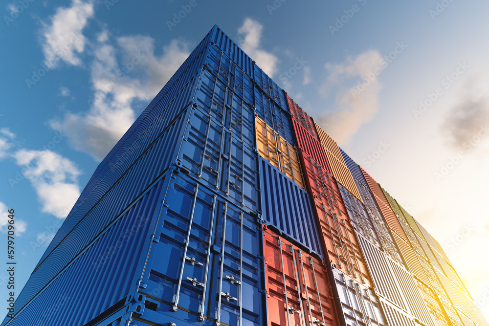 Warehouse of stacked cargo standard containers for temporary storage ...