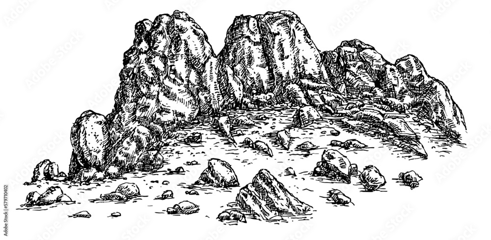 Mountain stone landscape in hand drawn sketch style. Vintage monochrome ...