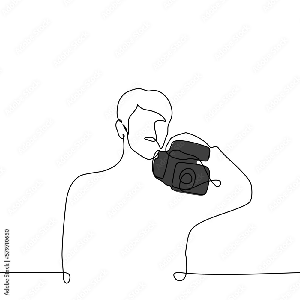 man stands with a camera on his shoulder - one line drawing vector ...