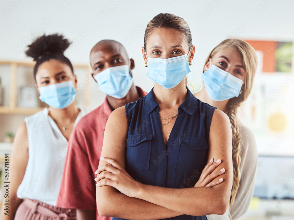 Covid business people, team portrait and staff with face mask for ...