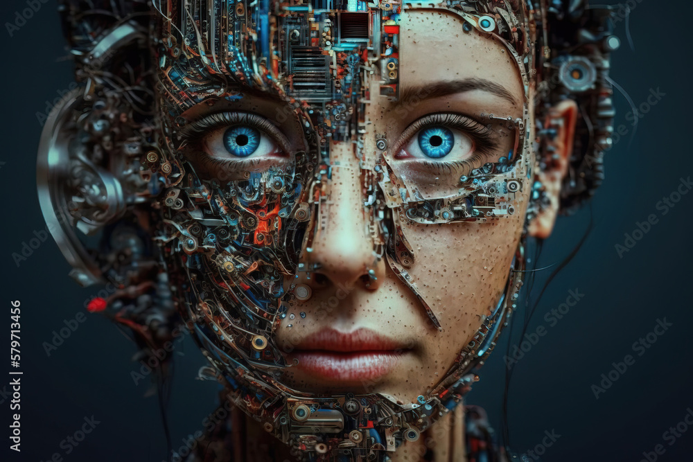close up portrait photo of incomplete humanoid android, covered in ...