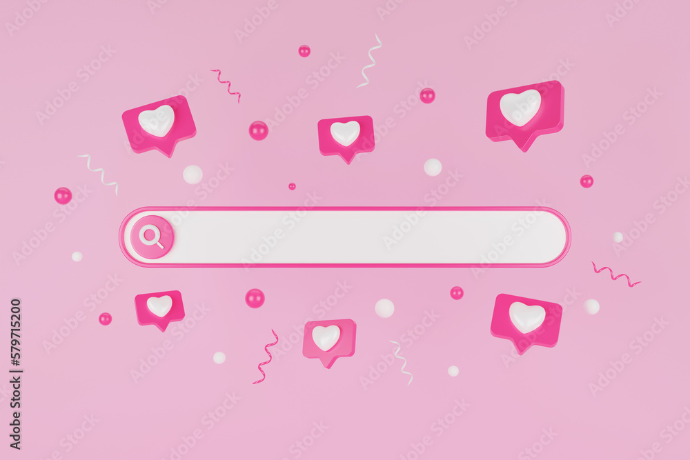 Blank web search bar and pink heart on pink background. Search bar ...