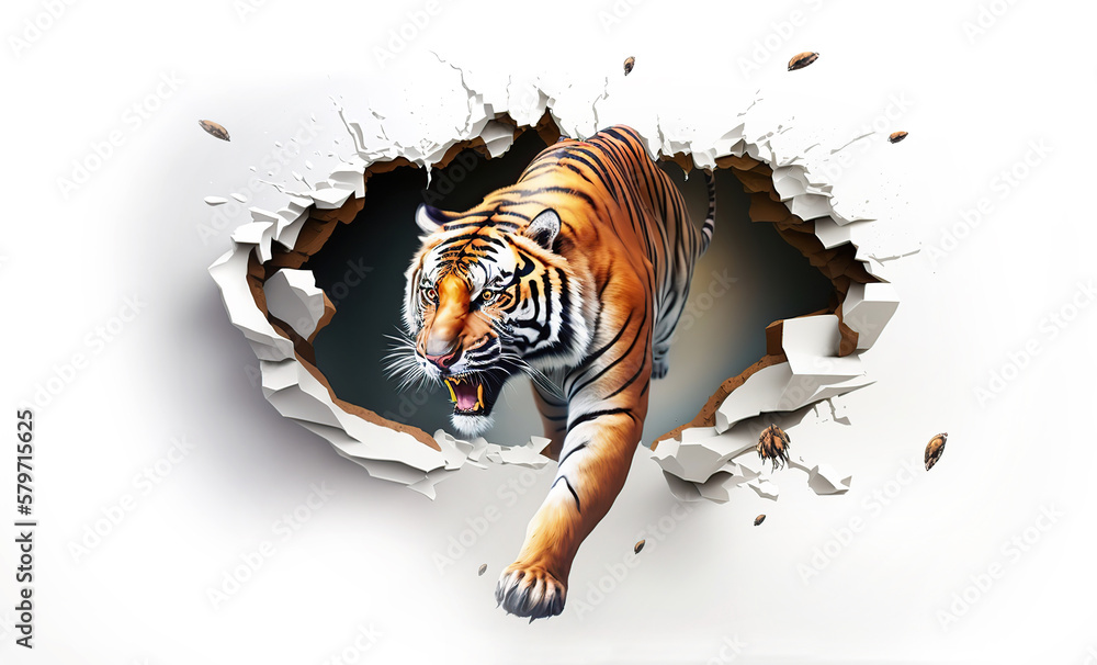 Tiger jumping out of a hole in the wall - aI generated Stock ...