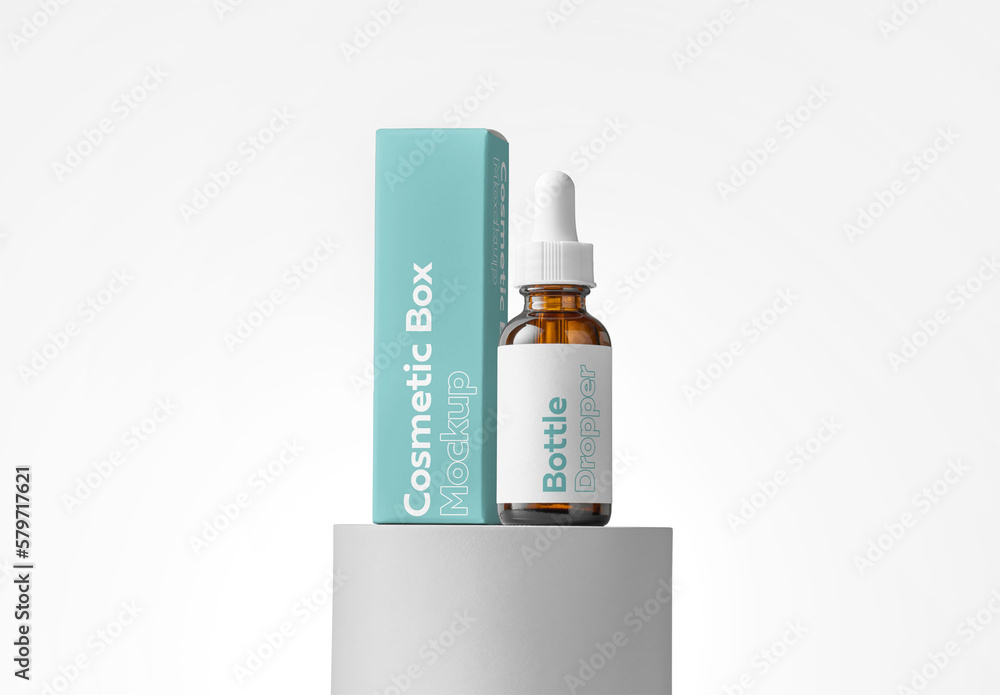 Mockup of customizable color beauty serum product bottle label and box ...