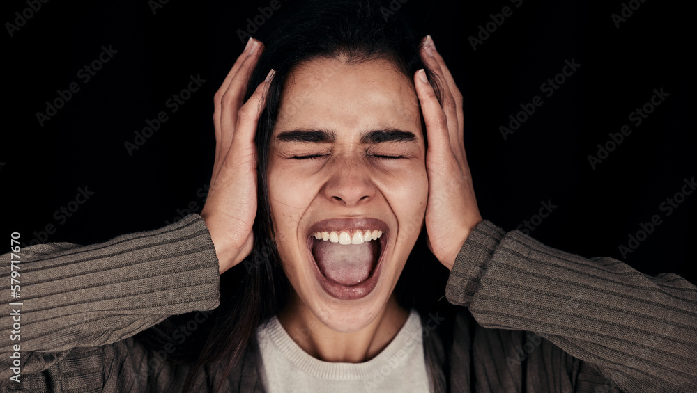 Frustrated, scream and stress, black woman with face and anxiety ...