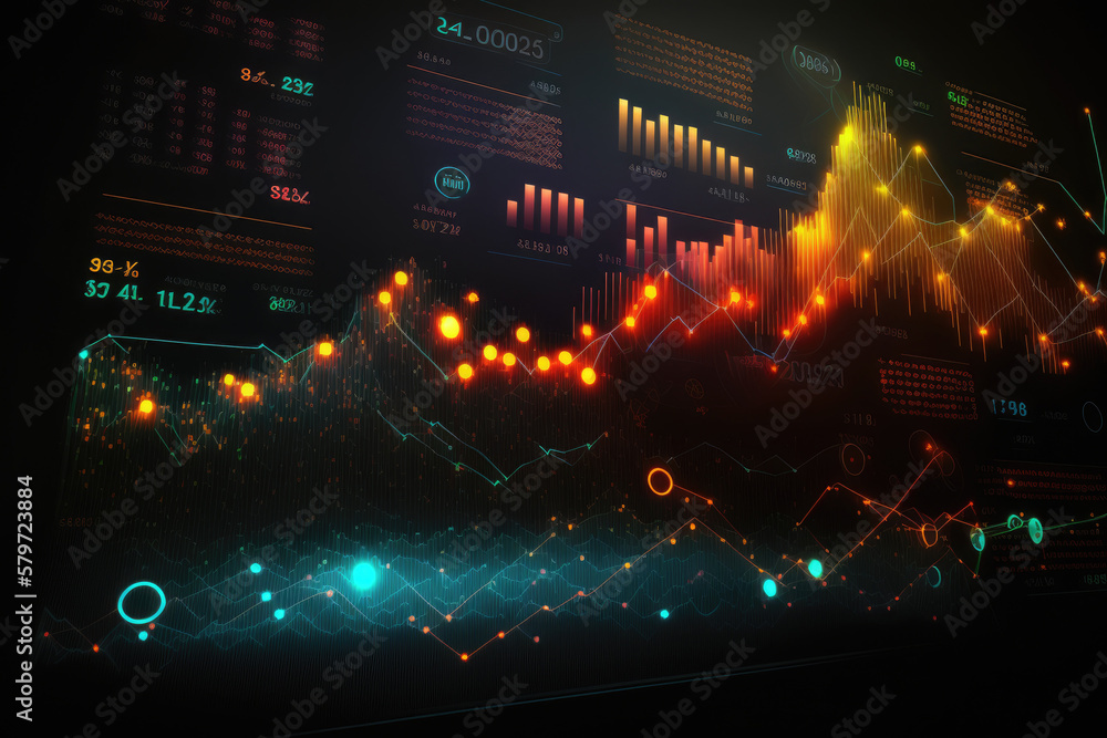 Financial digital graphs, glowing lines and diagram on digital screen ...