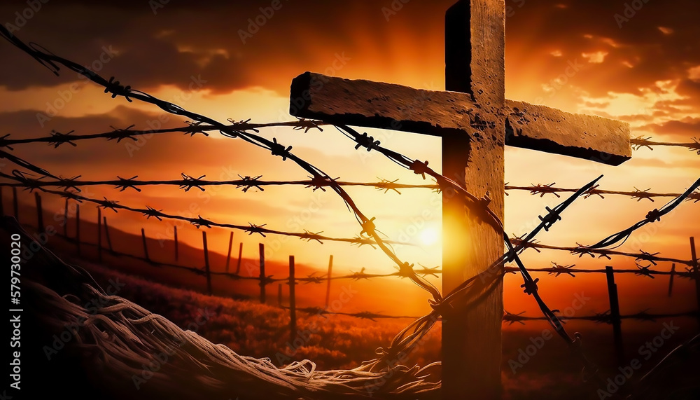 Cross of jesus christ break barrier wire on a background with dramatic ...