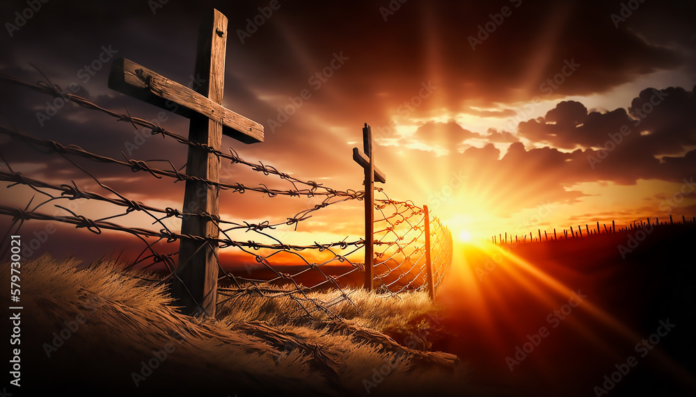 Cross of jesus christ break barrier wire on a background with dramatic ...