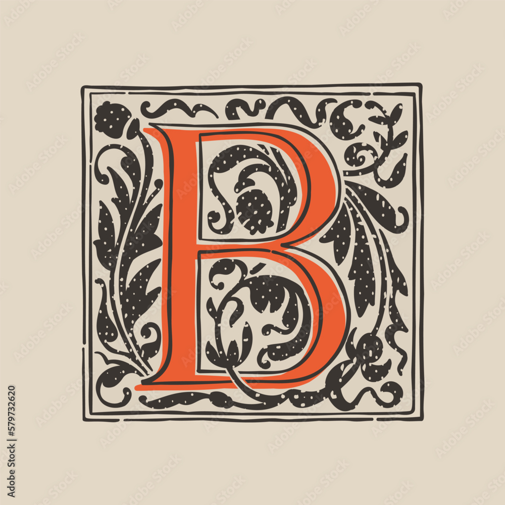 B letter drop cap logo in medieval engraving style. Blackletter square ...