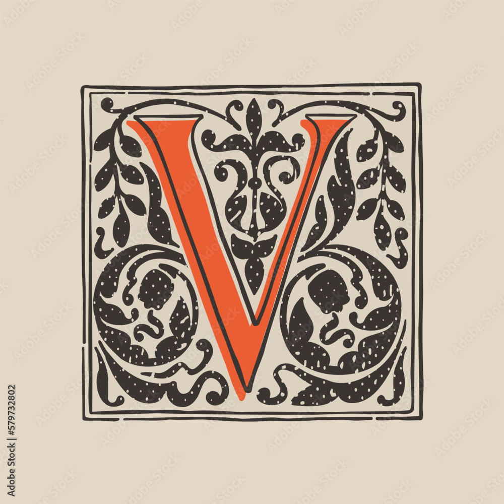 V letter drop cap logo in medieval engraving style. Blackletter square ...