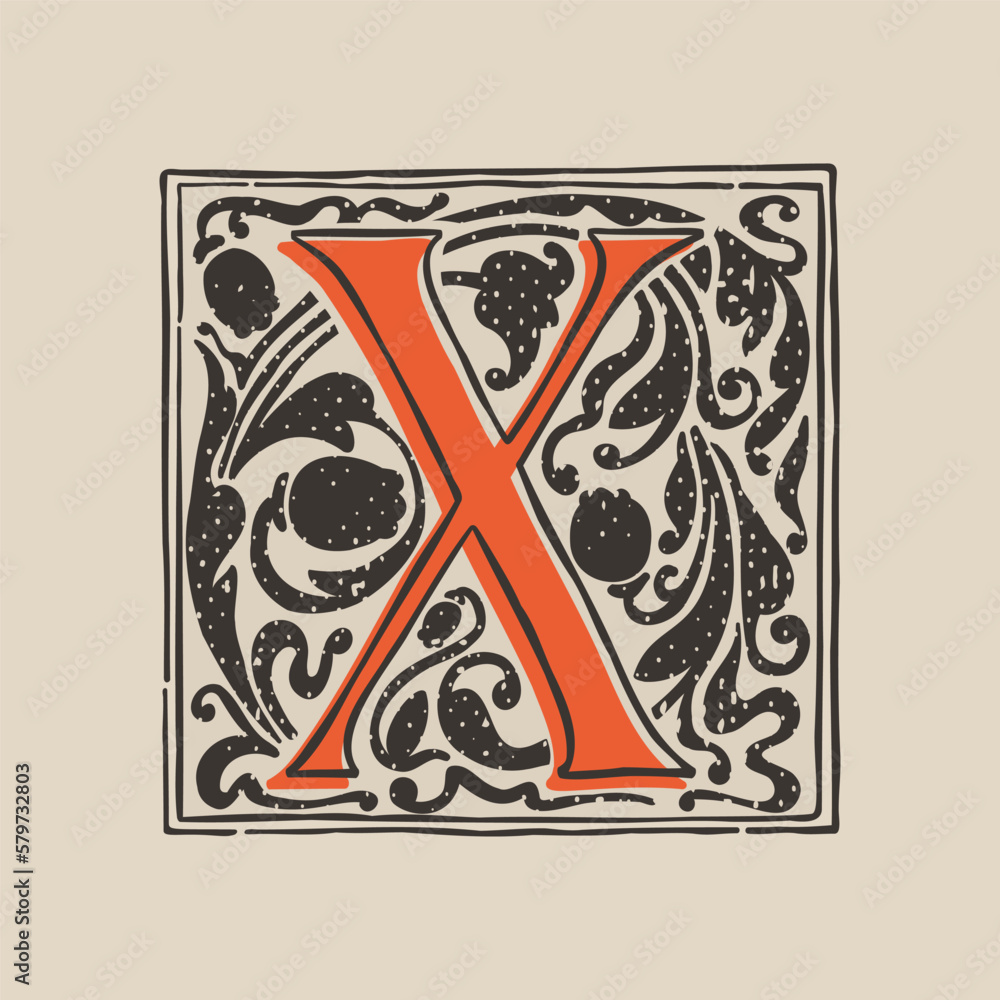 X letter drop cap logo in medieval engraving style. Blackletter square ...