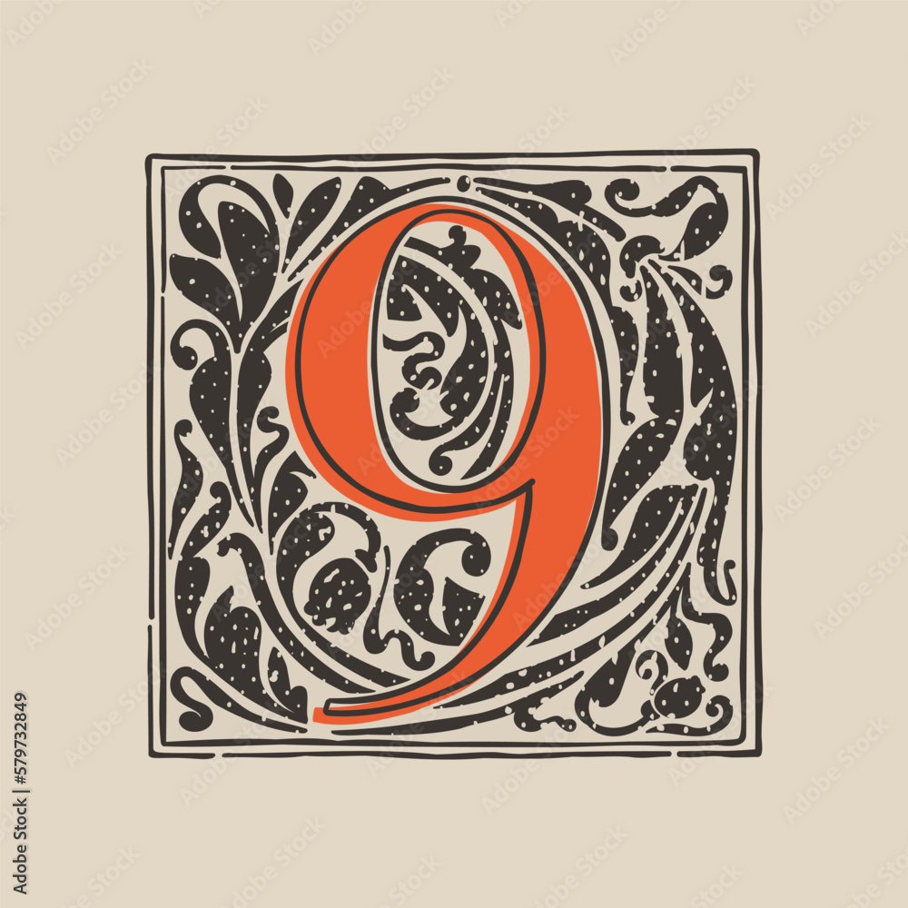 Number nine drop cap logo in medieval engraving style. Blackletter ...