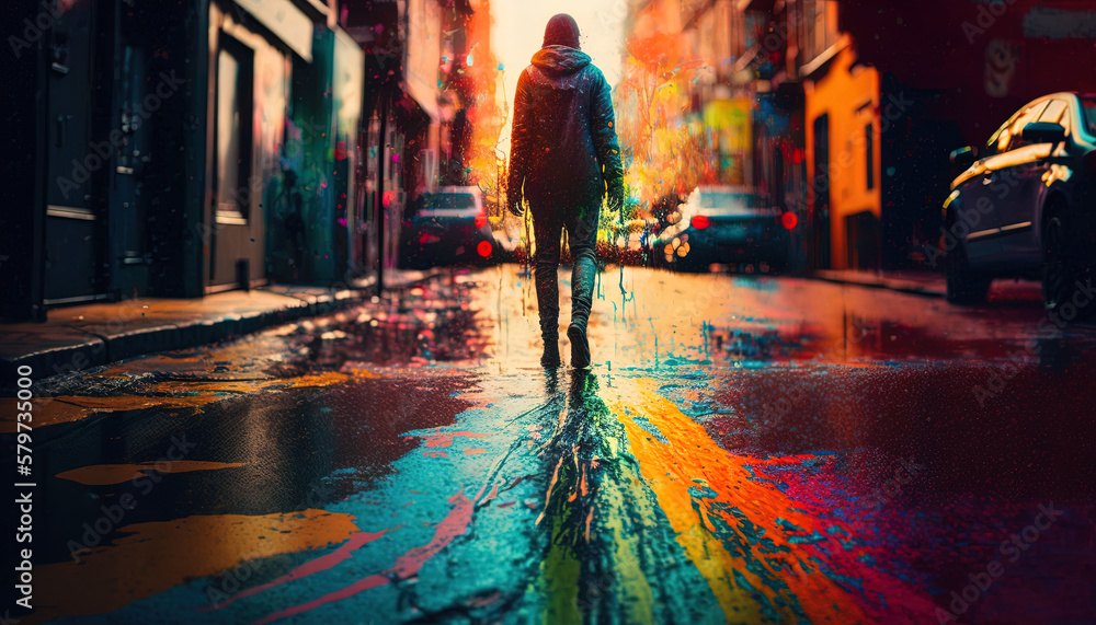 Abstract of person in a street covered in colourful paint with a trail ...