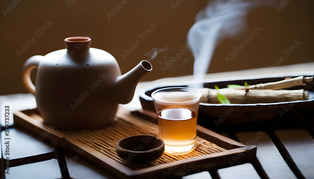 Hot chinese green tea with mint, with splash pouring from the kettle ...