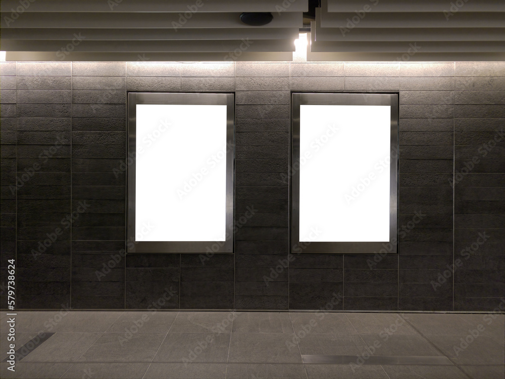2 blank vertical advertising banners posters mockup in underground ...
