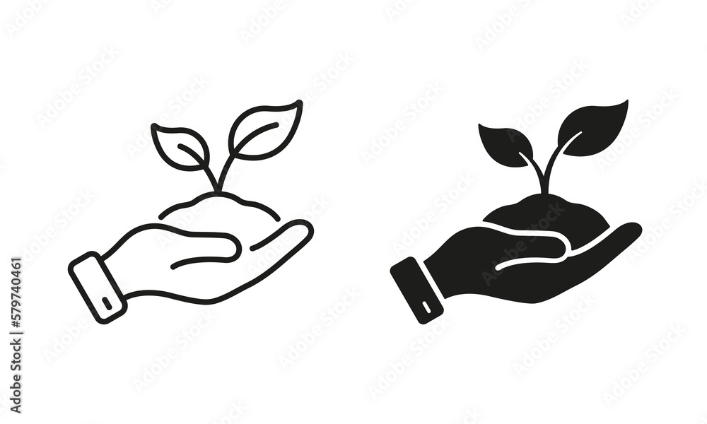 Ecology Organic Seedling Line and Silhouette Icon Set. Growth Eco Tree ...