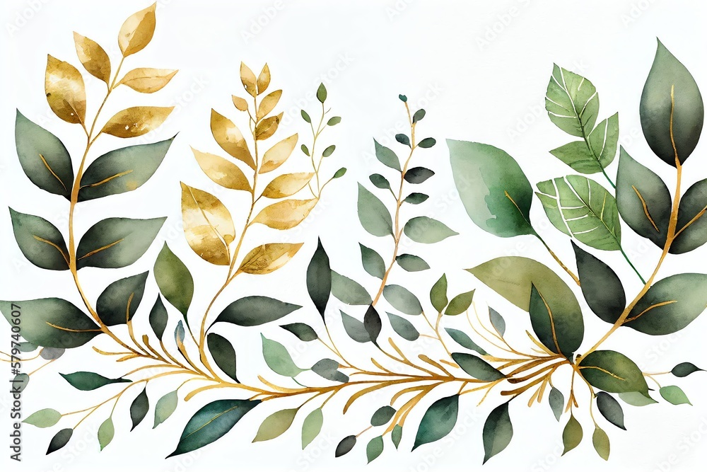 Watercolor Seamless Border Illustration With Green Gold Leaves And ...
