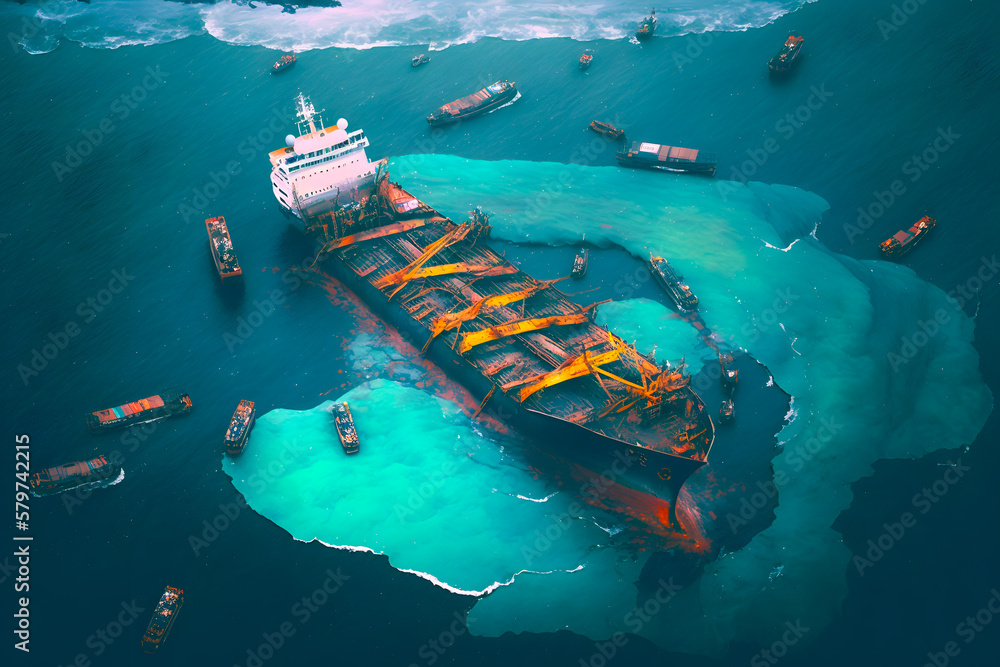 Disaster of oil carrying tanker, fuel oil, oil products. A hole in the ...