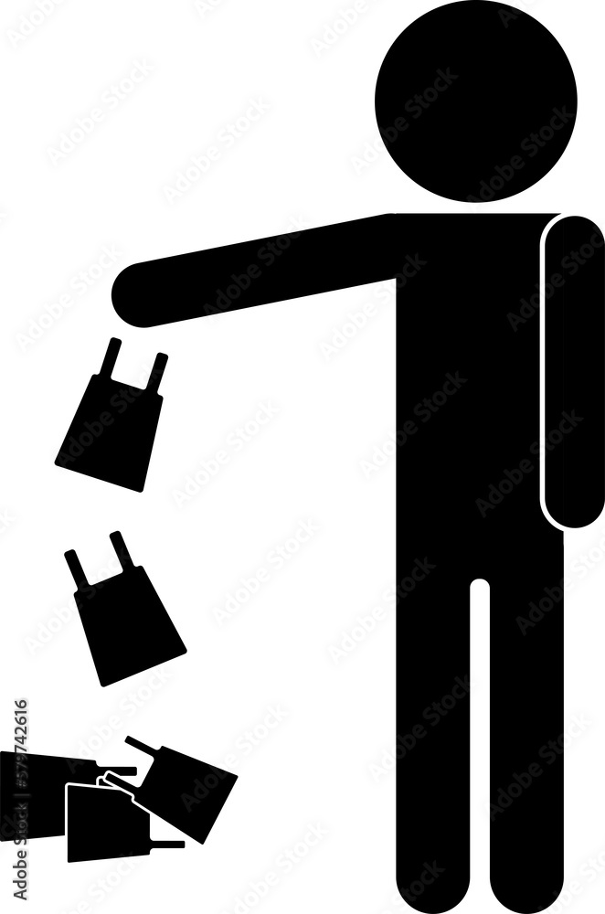 Isolated illustration of black stick figure thow plastic bag trash ...