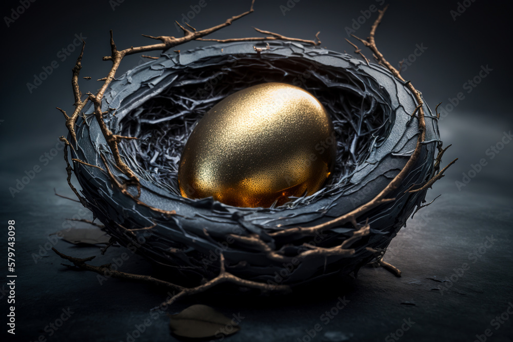 Golden matte egg in a dark nest on a dark background with scattered ...