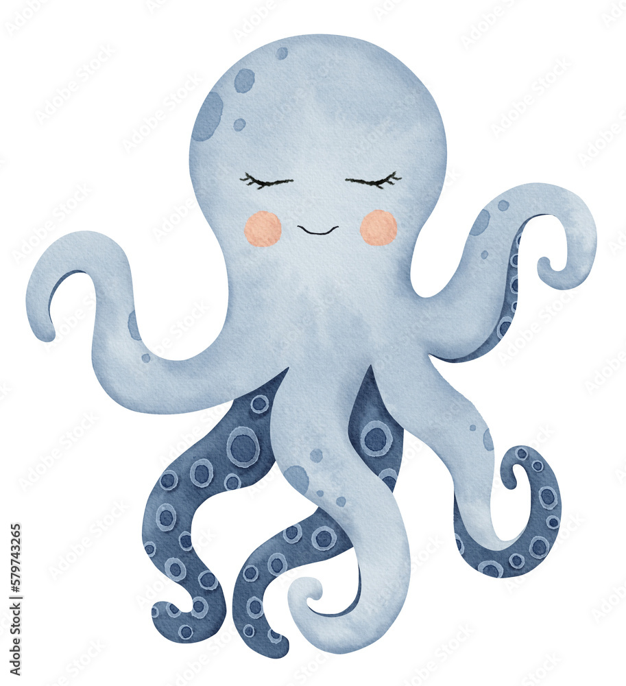Cute baby blue Octopus, sea poulpe, devilfish with tentacles. Hand ...