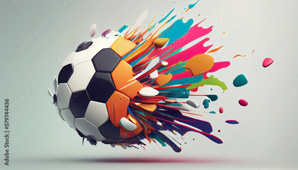illustration of a soccer ball which explodes in rainbow colors against ...