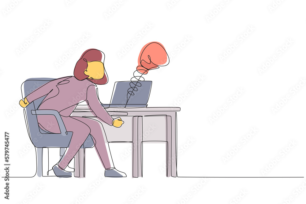 Continuous one line drawing sad woman using social media and being ...