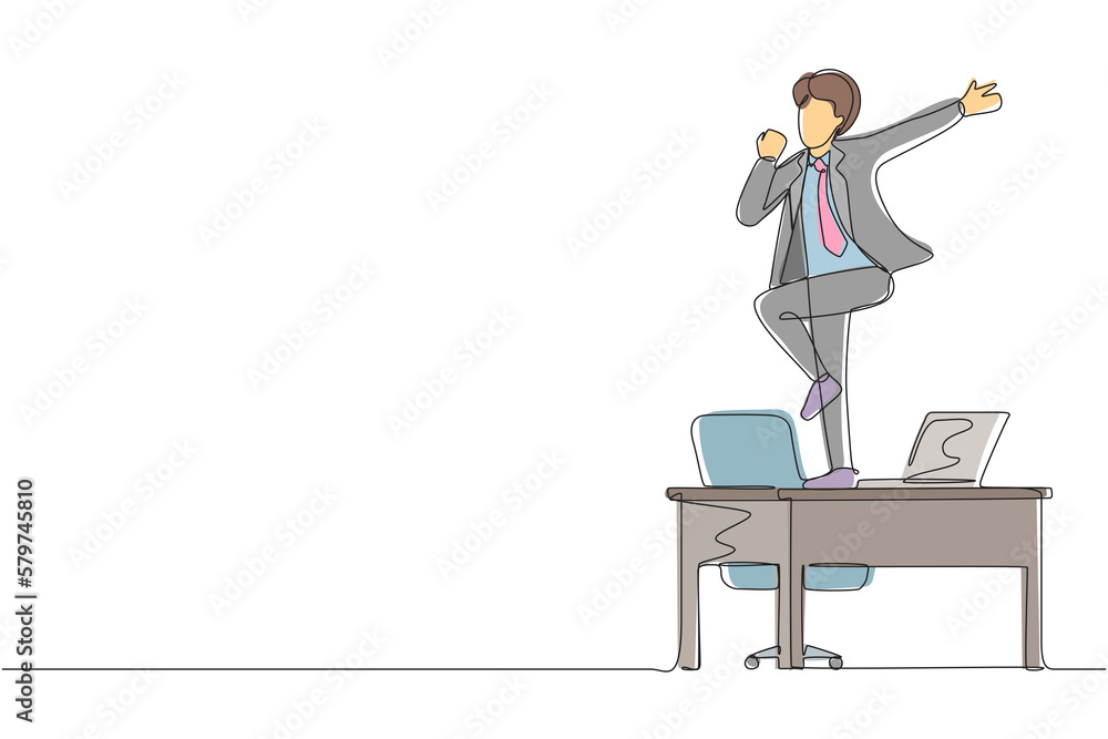 Continuous one line drawing happy office worker dancing on desk. Young ...
