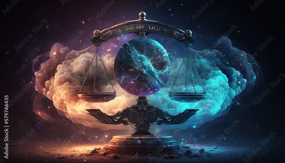 Libra zodiac sign is depicted against a space nebula background in ...