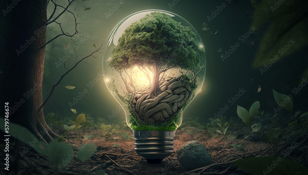 Ecological theme, human mind working with nature, bright idea concept ...