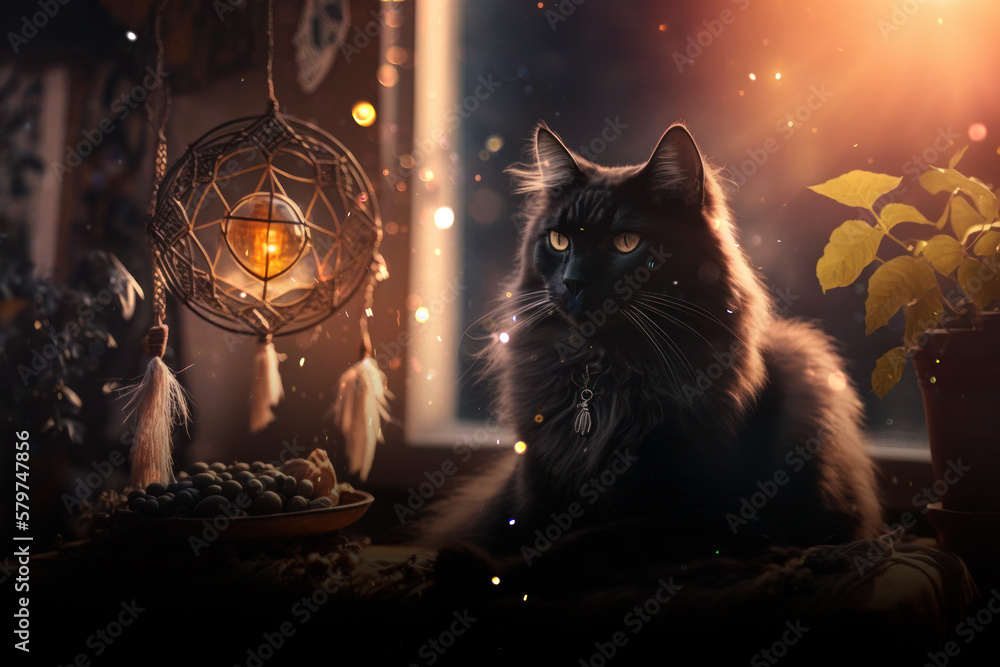 Mystery black cat with dreamcatcher, witchcraft magic light wallpaper ...