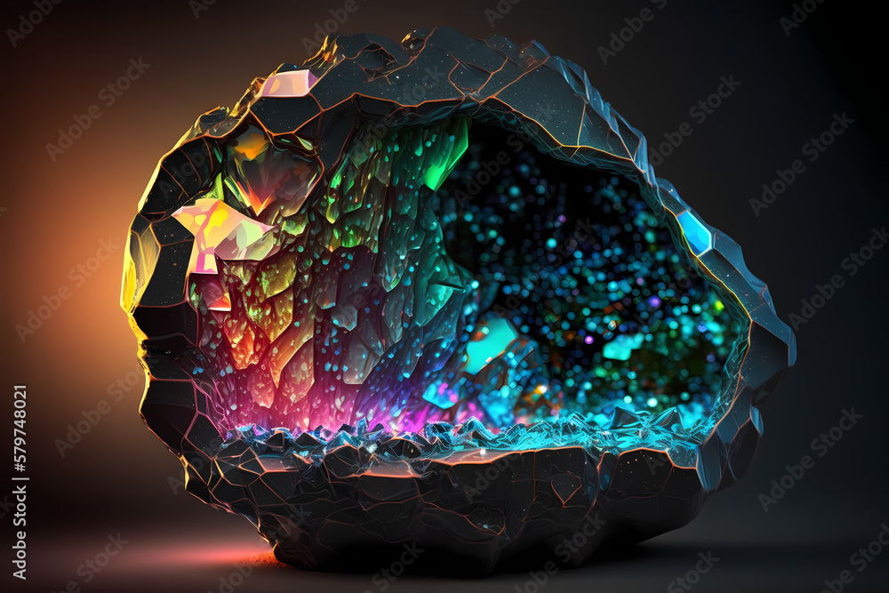 Neon glowing sulphuric 3d realistic crystals in a cracked geode ...